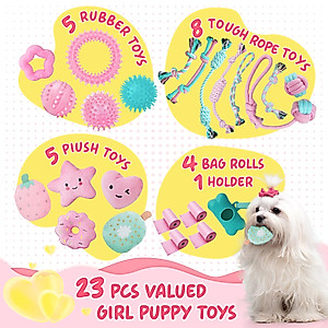XIUGOAL Pink Puppy Toys for Boredom - 23 Pack Puppy Chew Toys for Teething, Interactive Dog Toys for Puppies, Cute Small Dog Toys with Treat Ball, Squeaky Dog Chew Toys and Ropes
