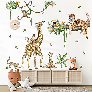 wondever Large Jungle Animal Tree Branch Wall Stickers Safari Giraffe Tiger Monkey Peel and Stick Wall Art Decals for Baby Nursery Kids Bedroom Playroom