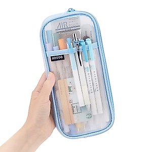 EASTHILL Grid Mesh Pen Pencil Case with Zipper Clear Makeup Color Pouch Cosmetics Bag Multi-Purpose Travel School Teen Girls Transparent Stationary Bag Office Organizer Box for Adluts(Blue)