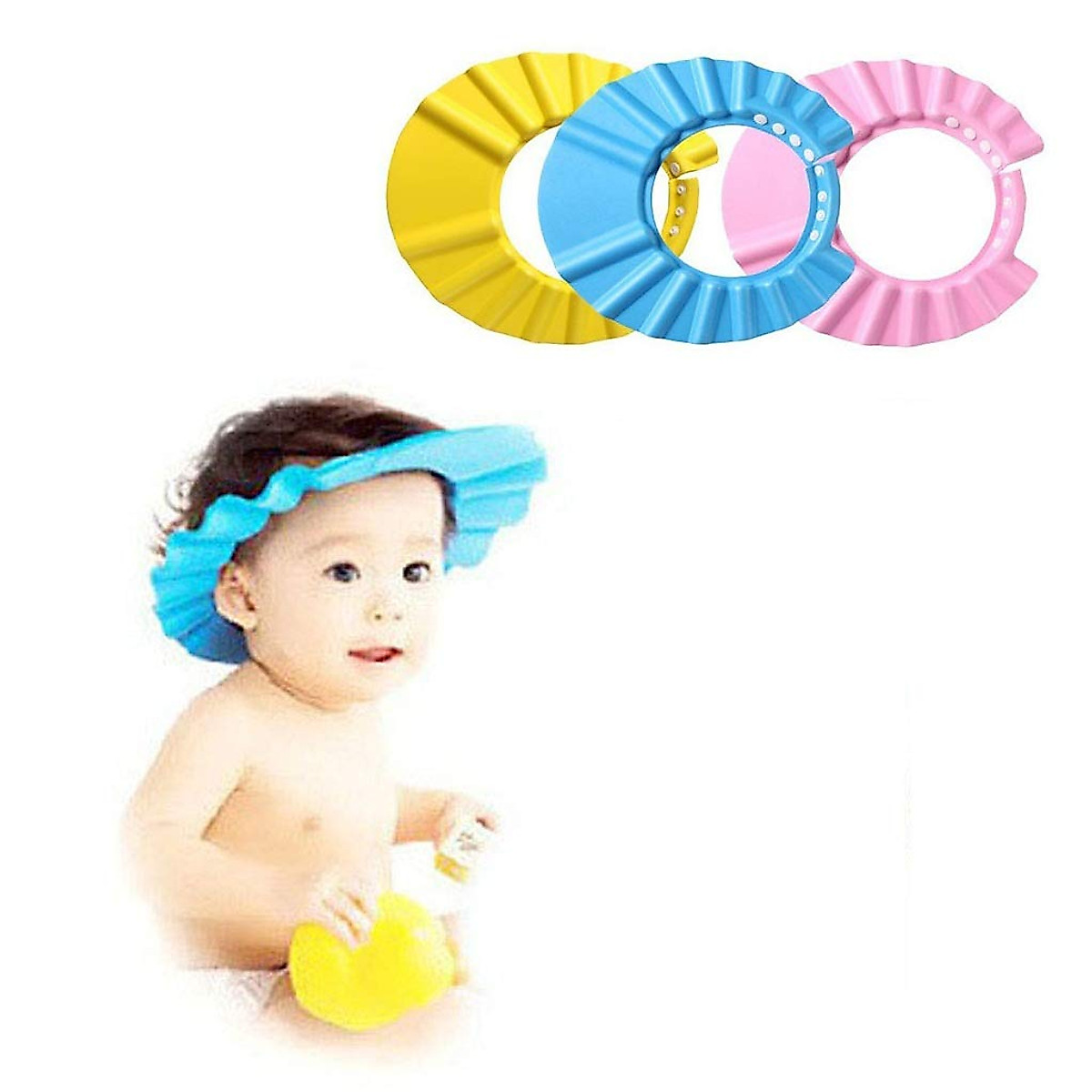 DBHappy 3 Pieces Baby Bath Cap (Pink Blue Yellow), Soft Adjustable Safe Toddler Shampoo Shower Bathing Protection Hat, with a Bathroom Storage Bag(18in x 14in)