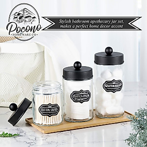 Apothecary Jars 3 Pack - Glass Bathroom Containers with Stainless Steel Lids - Rustic Farmhouse Decor Bathroom Accessories, Vanity Organizer Apothecary Jars for Qtip/Cotton Balls (Matte Black)