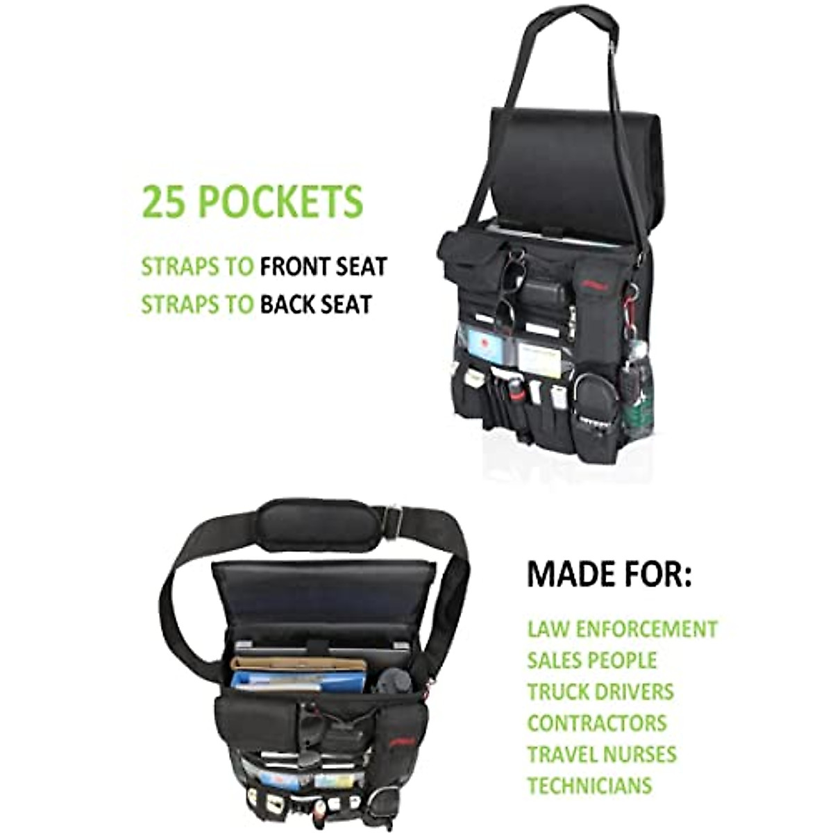 Fitmax Professional Car Truck Front Seat Organizer, Patrol Police Bag With dedicated and Secured laptop Storage, Carefully Designed with 25 Compartments. Truly your Office Within Arm's Reach., B001