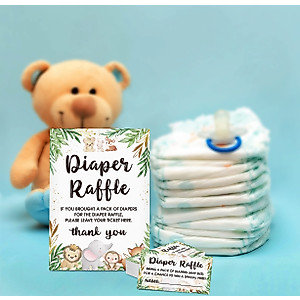 Diaper Raffle Baby Shower Game Set(1 Standing Sign + 50 Guessing Cards), Safari Diaper Raffle Tickets for Baby Shower, Jungle Baby Shower Party Favor Decor - A16