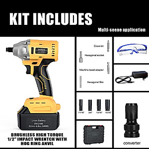 Hongmai 21V MAX Cordless Impact Wrench with 4.0Ah Li-ion Battery, 1/2 Inch, 260 Ft-lbs(300N.m) Max Variable Speed, Fast Charger, Sockets Set, Tool Box
