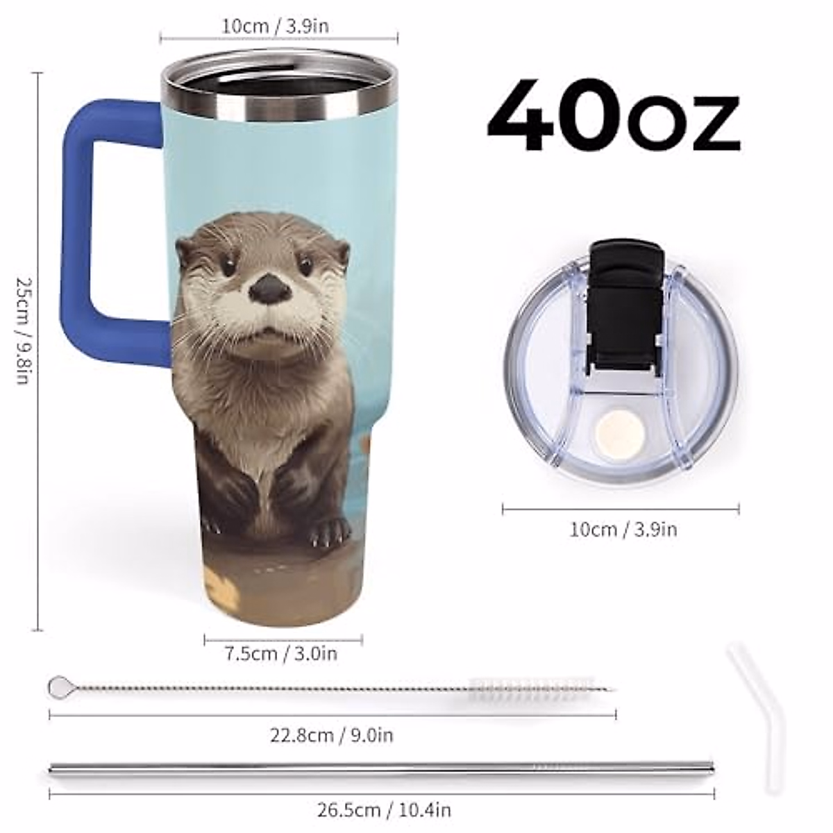 LLUTSNTH 40 Oz Vacuum Tumbler with Deep Blue Handle Leakproof Insulated Tumbler Cute Otter Stainless Steel Travel Mug with Lid And Straw Coffee Cup Cute Water Bottles Cup Holder Friendly