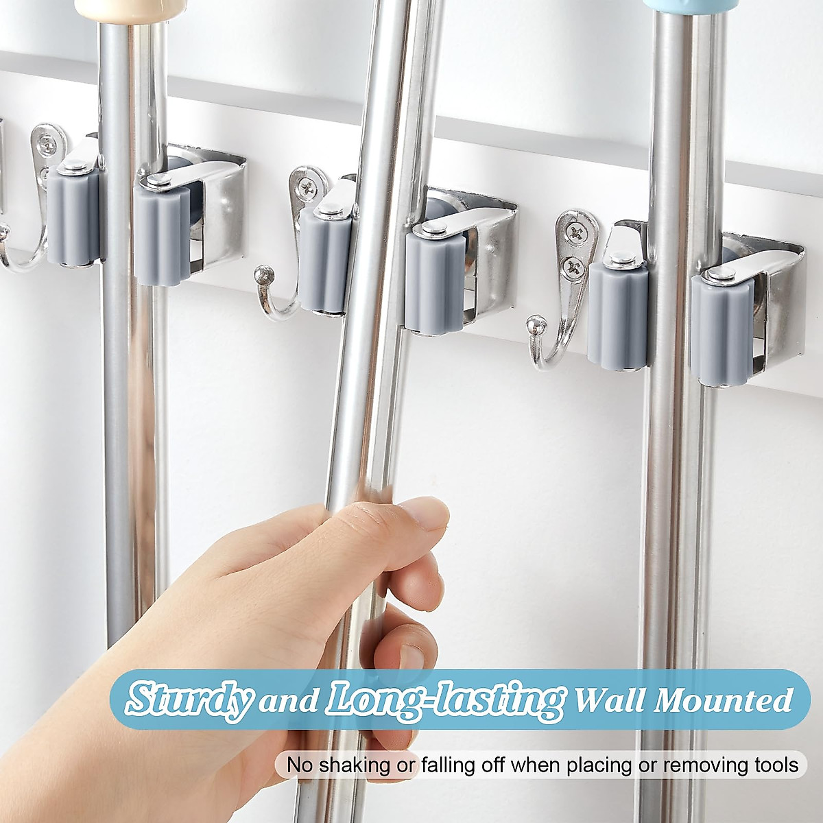 White Broom Holder Wall Mount - Heavy Duty Wood Mop and Broom Organizer with 5 Slots & 4 Hooks - Garden Tool Hanger for Laundry Room Closet Kitchen Garage Storage and Organization - Modern Home Decor