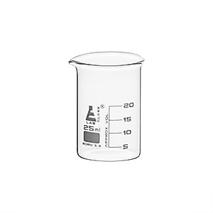 EISCO 12PK Beakers, 25ml - Griffin Style, Low Form with Spout - White, 5ml Graduations - Borosilicate 3.3 Glass