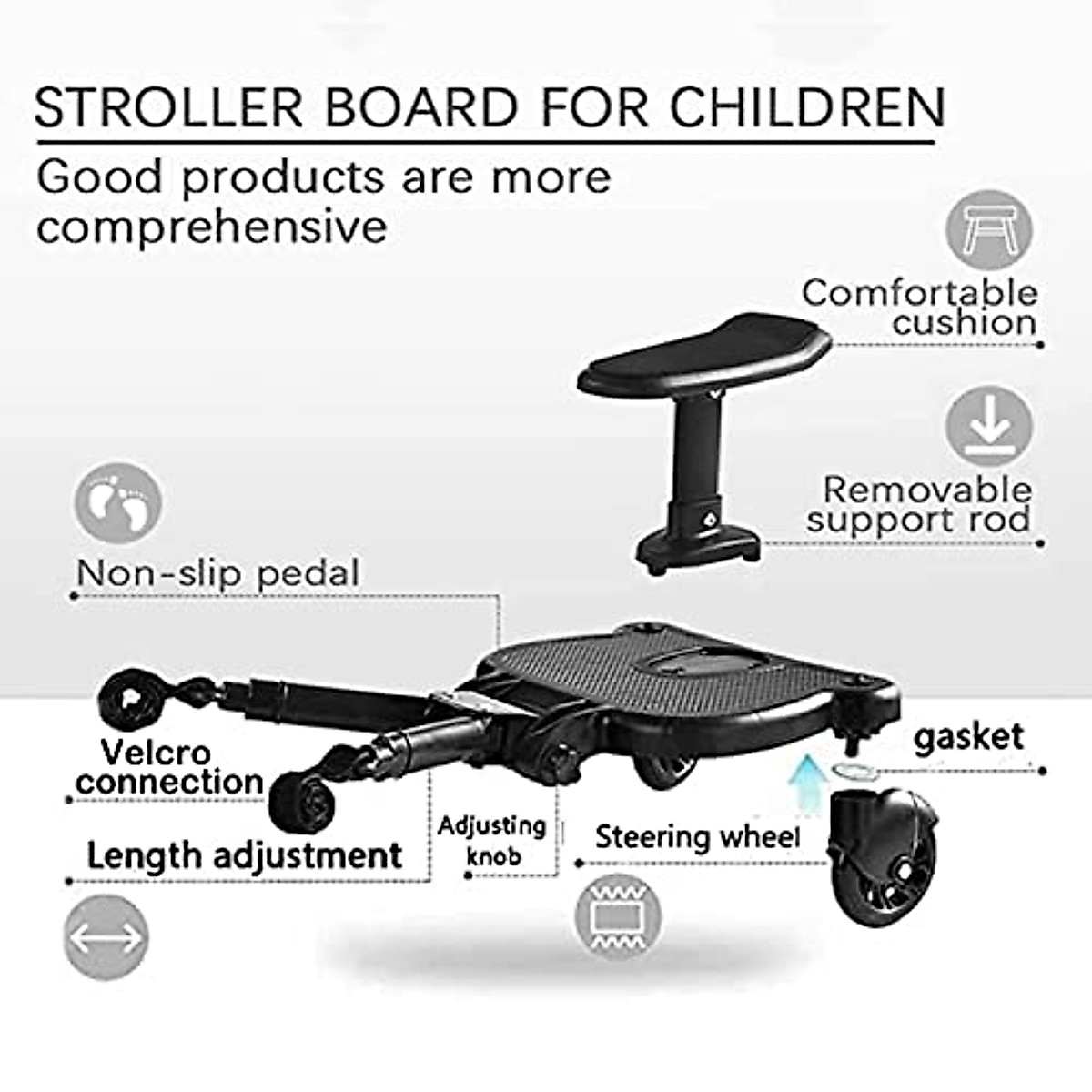 Naniruok Universal Stroller Board with Detachable Seat, 2-in-1 Buggy Board Suitable for Most Brands of Strollers, Holds Children Up to 55lbs