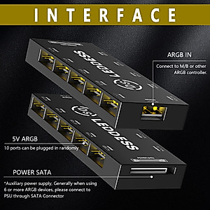DS leddess Connector 11 Port ARGB Splitter Hub for LED Fans and Lights, SATA Power 1 to 10 ARGB Extension Cords, 5V ARGB Motherboard Sync(B Series)