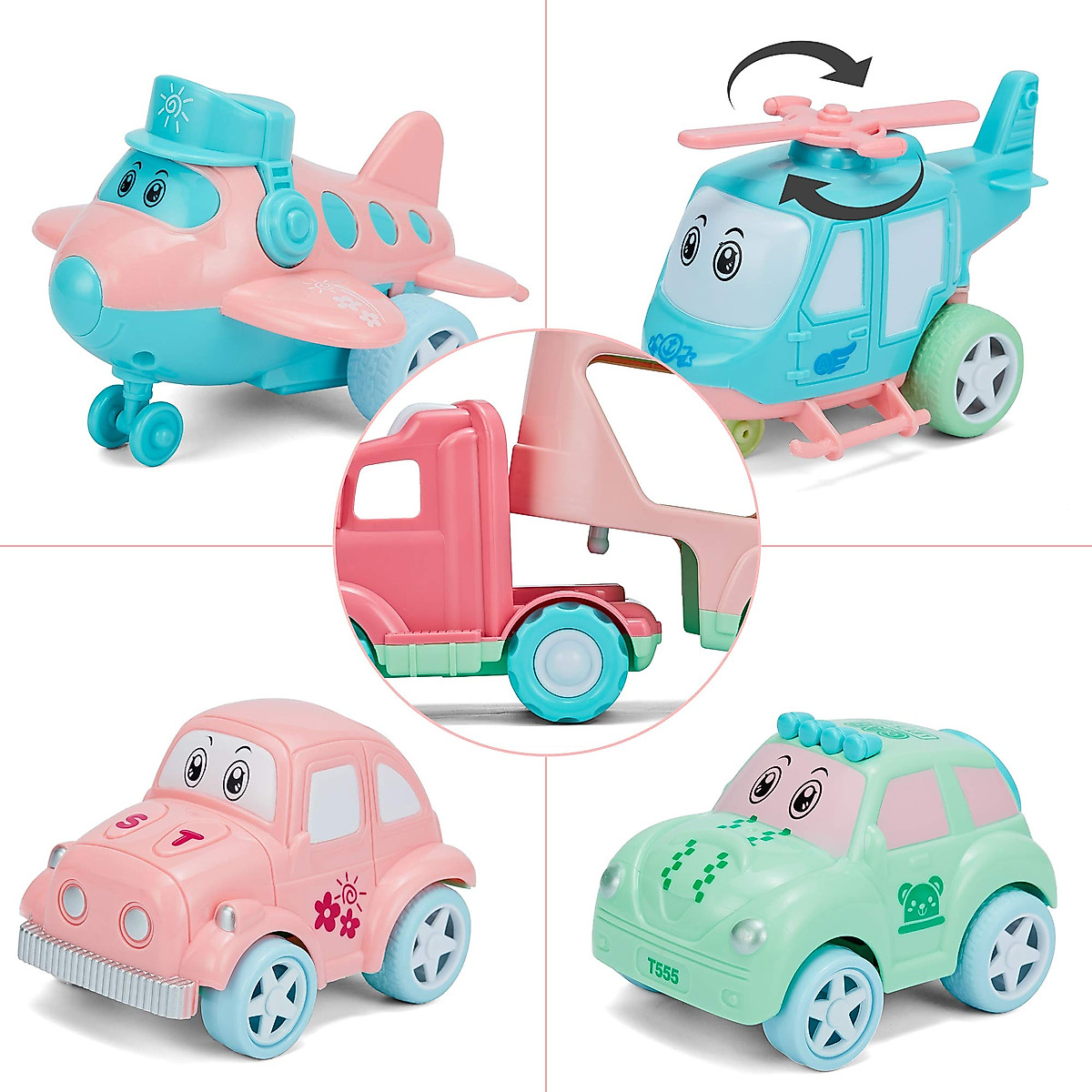 KOODER Cartoon Car Toys Set for 3 4 5 6 Years Old Toddlers Kids, Pink Truck ​with Sound and Light, Pink Car Toy Set in Friction Powered Carrier Truck, Christmas Birthday Gifts for Boys and Girls