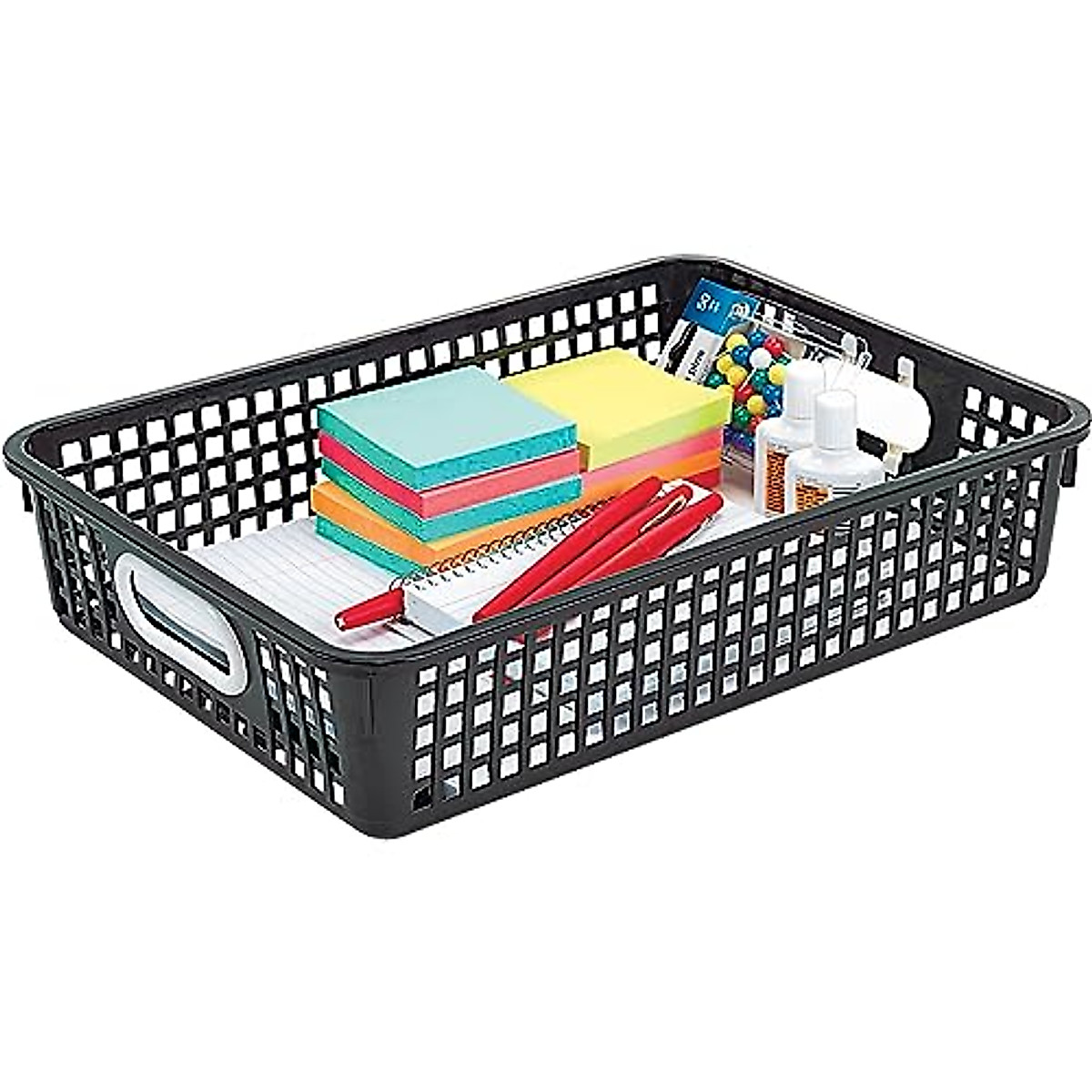 Really Good Stuff - 666019 Plastic Desktop Paper Storage Baskets for Classroom or Home Use – 14”x10” Plastic Mesh Baskets Keep Papers Crease-Free and Secure – Black Baskets with White Handles (Set of 4)