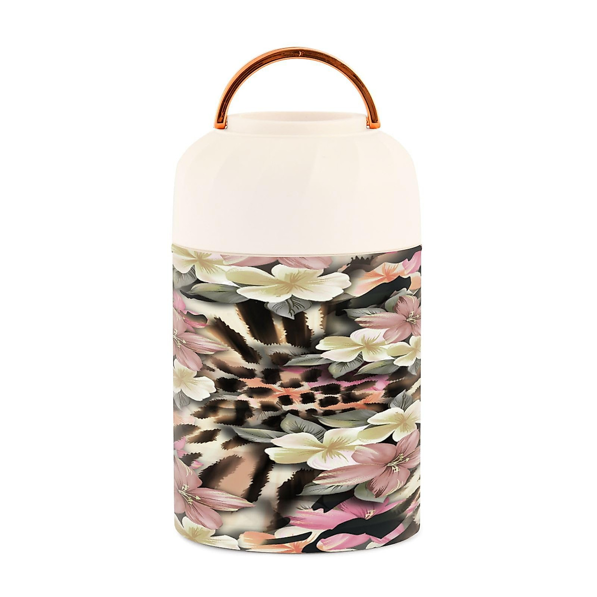 CUPADA Animal Print Flower Food Jar for Hot and Cold, Leopard Texture Floral Insulated Food Jars Vacuum 17OZ with Folding Spoon for Work Trip Picnic Camping