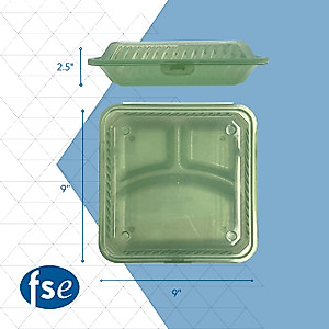 FSE Reusable to Go Take Out Container, 3-Compartment, BPA Free, 9" x 9" x 2.5", Green, Ideal for Meal Prep, Microwave and Dishwasher Safe