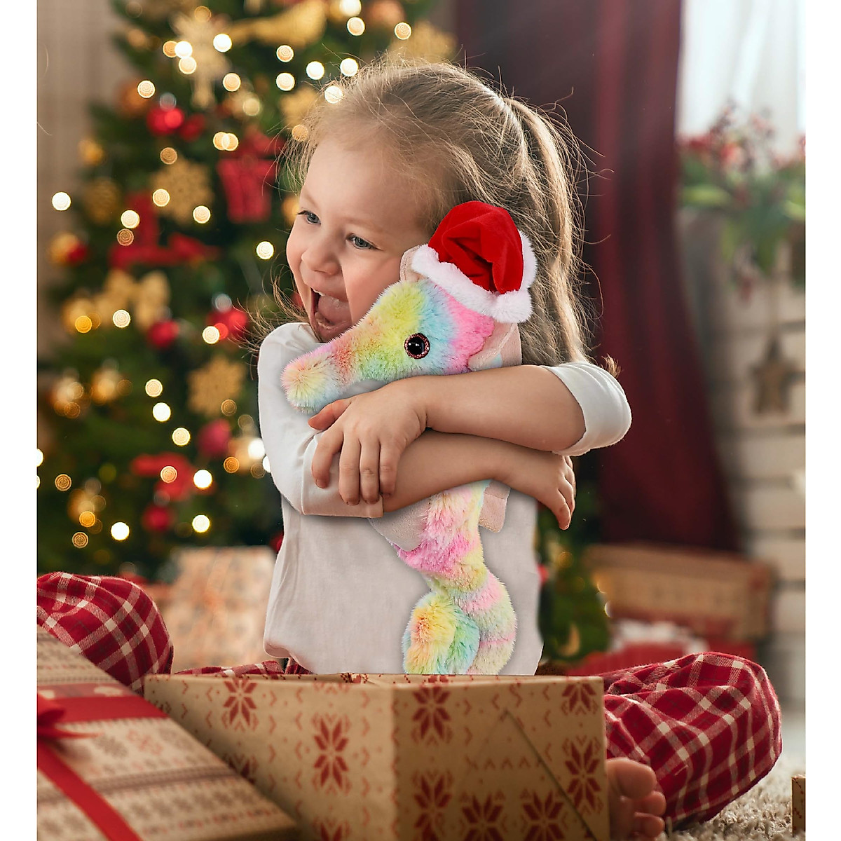 DolliBu Santa Rainbow Seahorse Stuffed Animal Plush Toy - Wild Animal Dress Up with Red Santa Claus Hat, Cute Wildlife Gift, Perfect Holiday with Name Personalization - 15 Inches