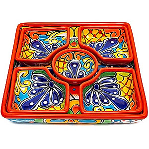 Enchanted Talavera Mexican Pottery Ceramic Large Appetizer Tray Serving Dishes Platter Dish Food Plate Condiments Organizer (Square 6 Piece Set, Red)