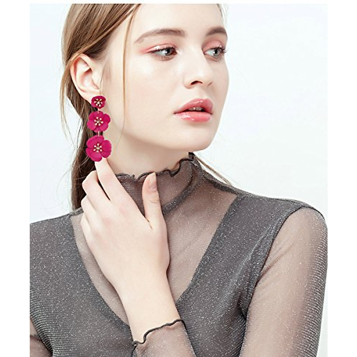 NVENF Flower Dangle Earrings for Women Tiered Petal with Crystal Center Triple Flowers Dangling Earring Fashion Jewelry Stud Drop Earrings(Hot Pink)