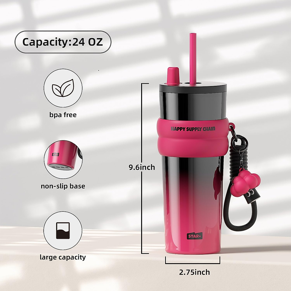 SDGA+ 24 OZ Insulated Leak Proof Tumbler with Lid and Straw, Stainless Steel Coffee Travel Mug for Hot and Cold, Reusable Portable Water Bottle, Metal Thermal Cup Gift for Women, Black and Pink