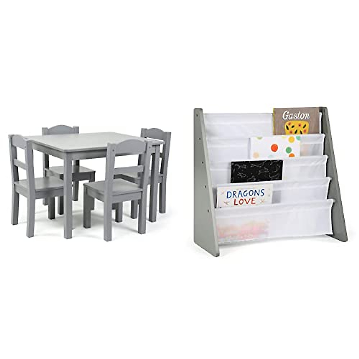 Humble Crew Kids Wood Table and 4 Chair Set, Grey & Grey/White Kids Book Rack Storage Bookshelf, 4 Tiers