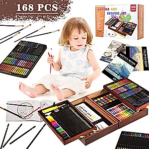 KINSPORY 168-Pack Art Supplies, Deluxe Wooden Art Set Crafts Drawing Painting Coloring Kit, Coloring Book, Sketch Pads Creative Gift Box for Artist Beginners Kids Girls Boys 5 6 7 8 9 10 11 12