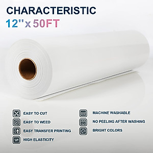 XSEINO Heat Transfer Vinyl Roll, 12" x 50FT HTV Vinyl Roll with Teflon for Shirts, White Iron for Cricut & Cameo, Easy to Cut for Heat Transfer Vinyl Design (White)