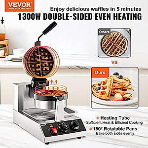 VEVOR Commercial Waffle Maker, 1300W Round Waffle Iron, Non-Stick Rotatable Waffle Baker Machine With 122-572℉ Temp Range and Time Control, Teflon-Coated Baking Pan Stainless Steel Body 120V