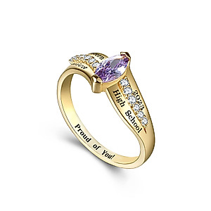Customized Sterling Silver Women’s High School and College Class Ring – Gem Collection - MEMENTOS JEWELRY (Sterling Silver Gold Plated)