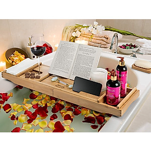 Luxury Bamboo Bathtub Caddy Tray with Two Free Bath Bombs, Soap Holder, and Non-Slip Silicone Grips - Durable and Solid - Expandable Organizer with Removable Spa Trays