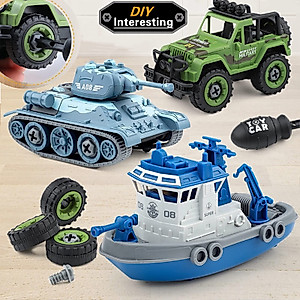 Take Apart Military Toys for 3 4 5 6 7 8 Year Old Boys Construction Vehicle Toys with Drill for Kids STEM Learning Building Toy Helicopter, SUV, Tank, Warship Pack of 4