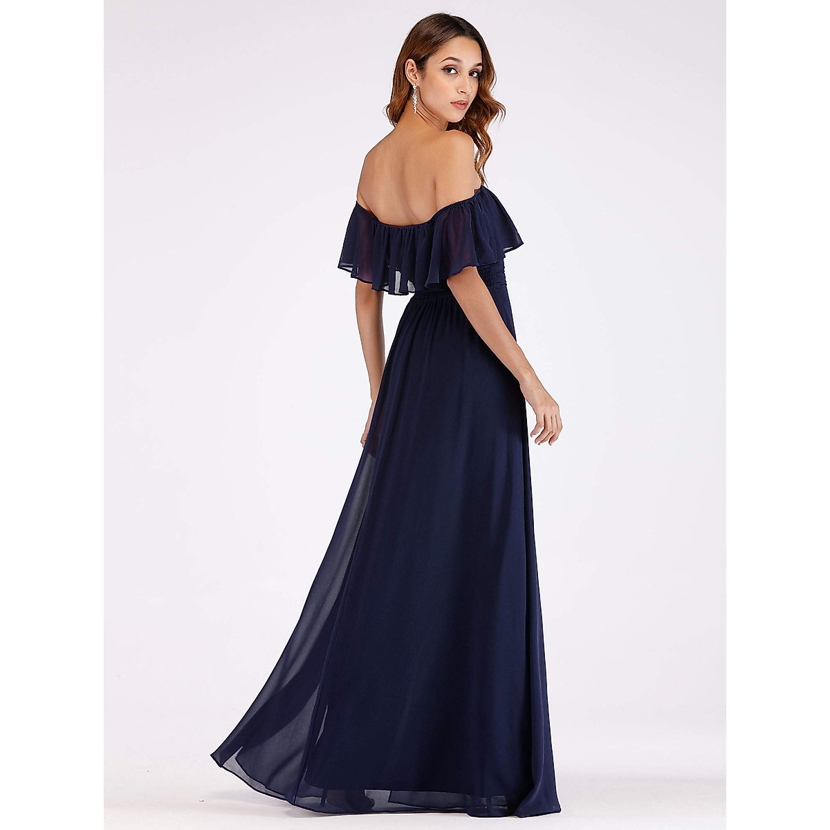 Ever-Pretty Women's Elegant Off The Shoulder Side Split High Waist Flowy Chiffon Maxi Bridesmaid Dress Navy US12