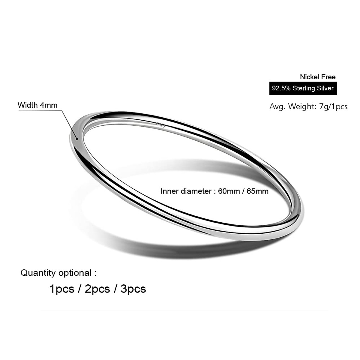 Meilanduo Solid 925 Sterling Silver 4MM Simple Plain Polished Round Circle Bangle Bracelets for Women (1x 60mm round circle bangle)