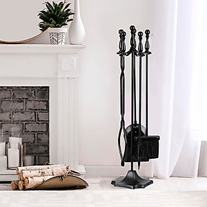 JupiterForce 5 Pieces Fireplace Tools Sets Indoor Outdoor Wrought Iron Large Fire Place Set Tools, Fire Pit Tools with Poker Shovel Tongs Brush and Stand, Black