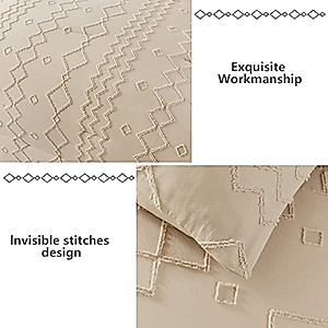 Khaki Tufted Comforter Set Queen with Sheets,7 Pieces Bed in a Bag Boho Comforter Shabby Chic Geometry Embroidery Bedding Set Soft Microfiber Farmhouse Comforter (Queen 90×90 inches)