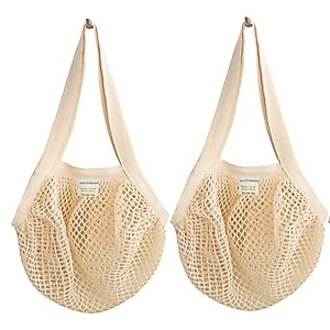 WHITEWRAP Cotton Mesh String Reusable Bag Long Handle Net Tote Bag| 13"x14" | 2-Pack | Natural | Reusable Grocery Bags, Vegetable Bag, Shopping bag, Hand bag