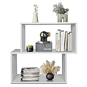Giantex 3-Tier Geometric Bookshelf White, 28’’ Tall Wood S-Shaped Display Shelves, Freestanding Open Shelves Nightstand, Floor Standing Display Shelf Bookcase for Living Room, Bedroom