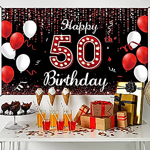 50th Birthday Decoration Backdrop Banner, Happy 50th Birthday Decorations for Women, Red Black white 50 Years Old Birthday Party Photo Booth Props, 50 Birthday Sign for Outdoor Indoor, Fabric Vicycaty