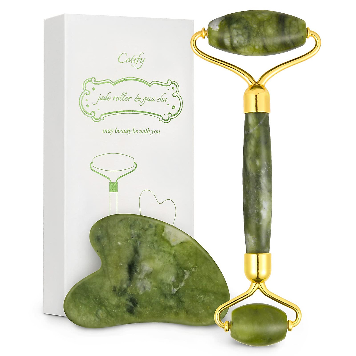 Jade Roller & Gua Sha Set, Face Roller, Cotify Anti-Aging Facial Roller, Natural Green Jade Beauty Massager Tool, Skin Care Tool for Face, Neck, Eye to Reduce Wrinkles and Relax Body Muscles