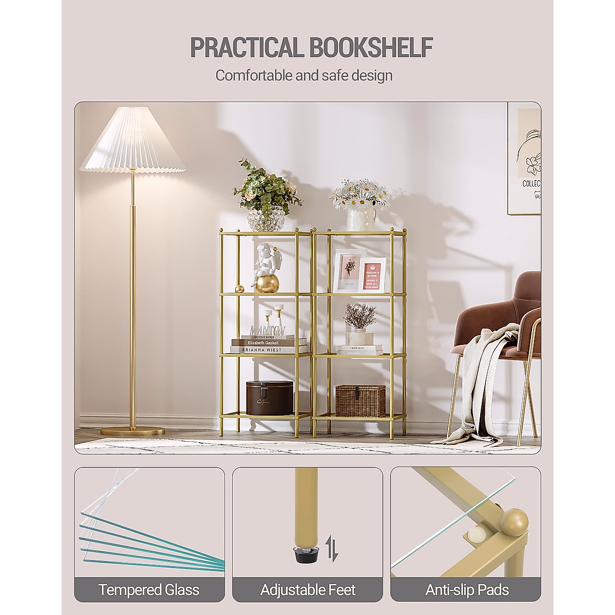 Hzuaneri Bookcase Bookshelf with LED Lighting, Tempered Glass Bookshelves, 8 Levels of Brightness and 20 Colors, Slim Shelving Unit for Bedroom Bathroom, Home Office, Steel Frame, 5 Tier Gold BC23599A