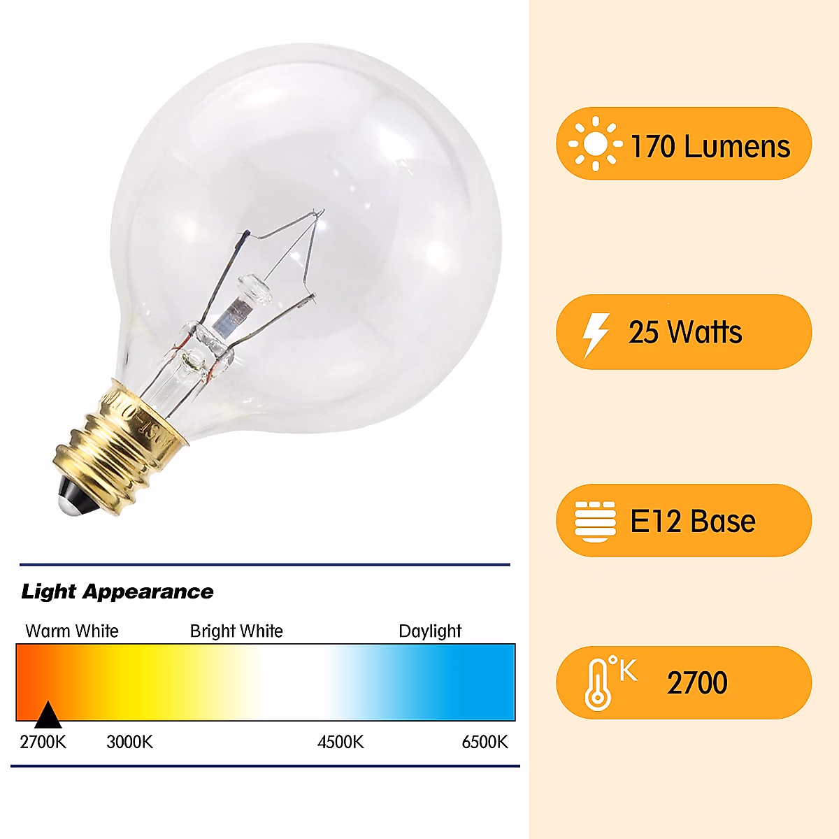 ETwinCoo Wax Warmer Light Bulbs, G50 25 Watt for Full Size Scentsy Warmers, G16.5 Globe E12 Base Clear - Long Life-Span and Melt Wax Fast, 120 Volt (6 Pack)