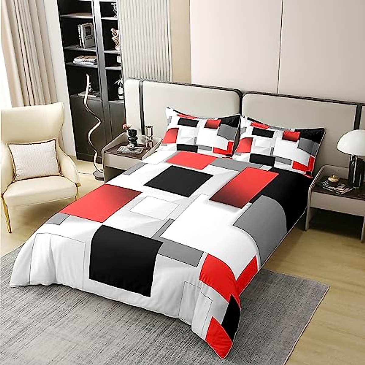 jejeloiu Cotton Duvet Cover Black Red Gray Geometry Duvet Cover Twin Size Cotton Kids Grid Buffalo Check Bedding Set for Women Men Rectangle Pattern Comforter Cover Set Soft Abstract Bedspread Cover