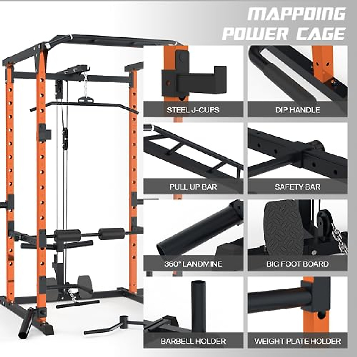 Mappding Power Cage, Power Rack with LAT Pulldown, Multi-Functional Squat Rack, 1500 Lbs Capacity Squat Cage with More Training Attachments for Home Gym, Black&Orange