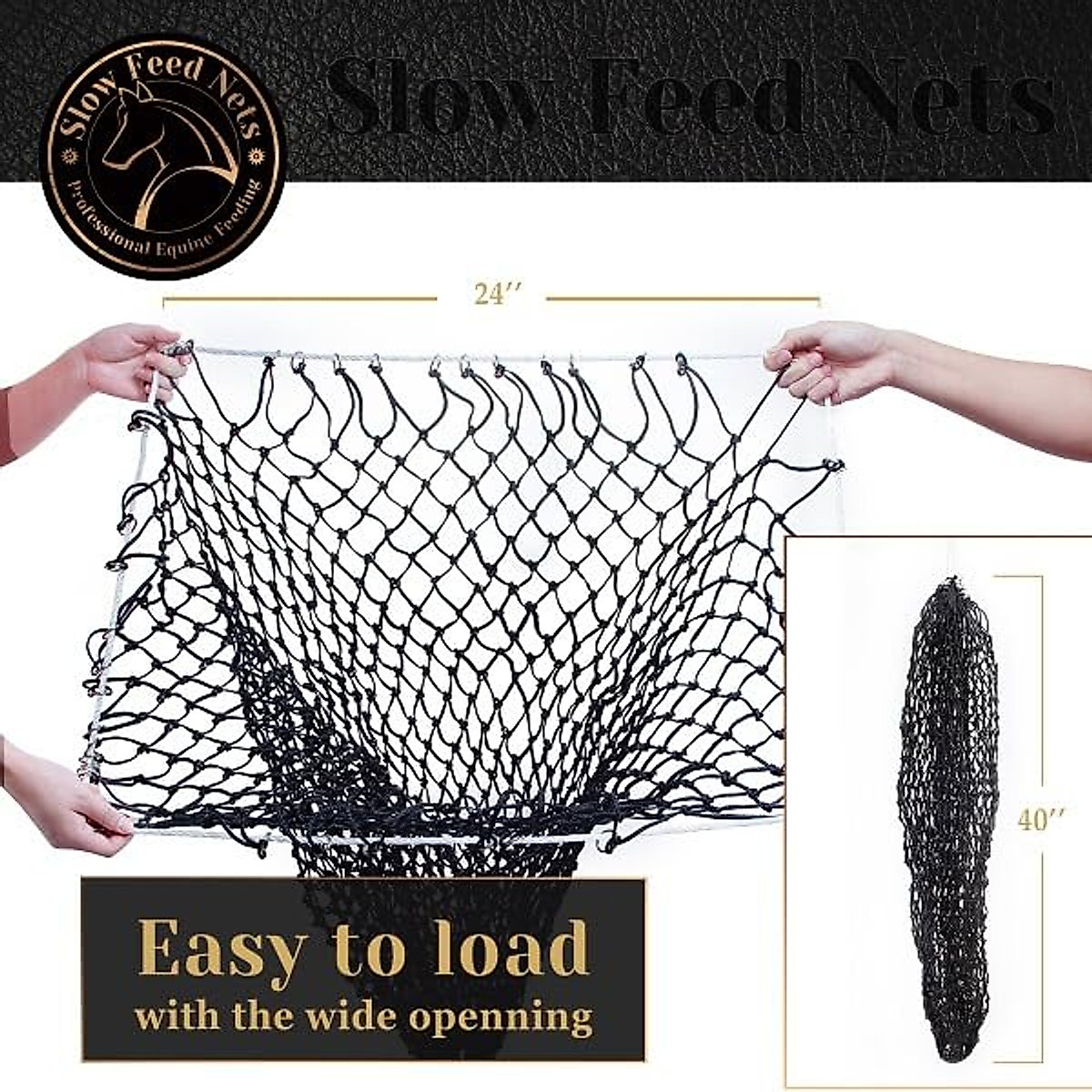 Bloomoak Slow Feed Hay Net for Horses, 40" Hay Bag with 2 inch Hole for Horse and Goat, Heavy Duty PE,Easy Fill with Rings…
