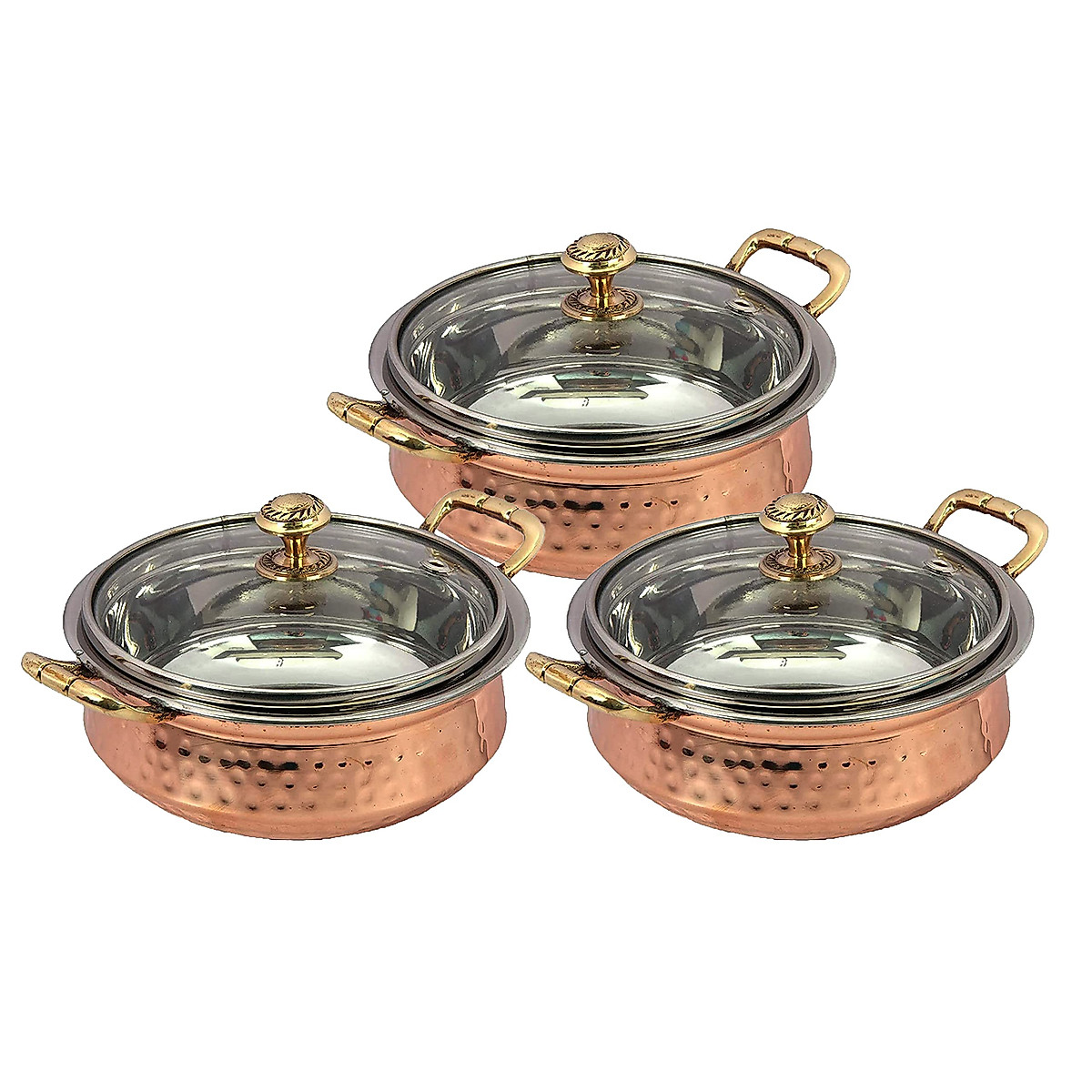 PARIJAT HANDICRAFT Indian Hammered Copper Serving Bowl for Food Soup with Handle and Glass Lid Decorative Small Seveware Pack of 6