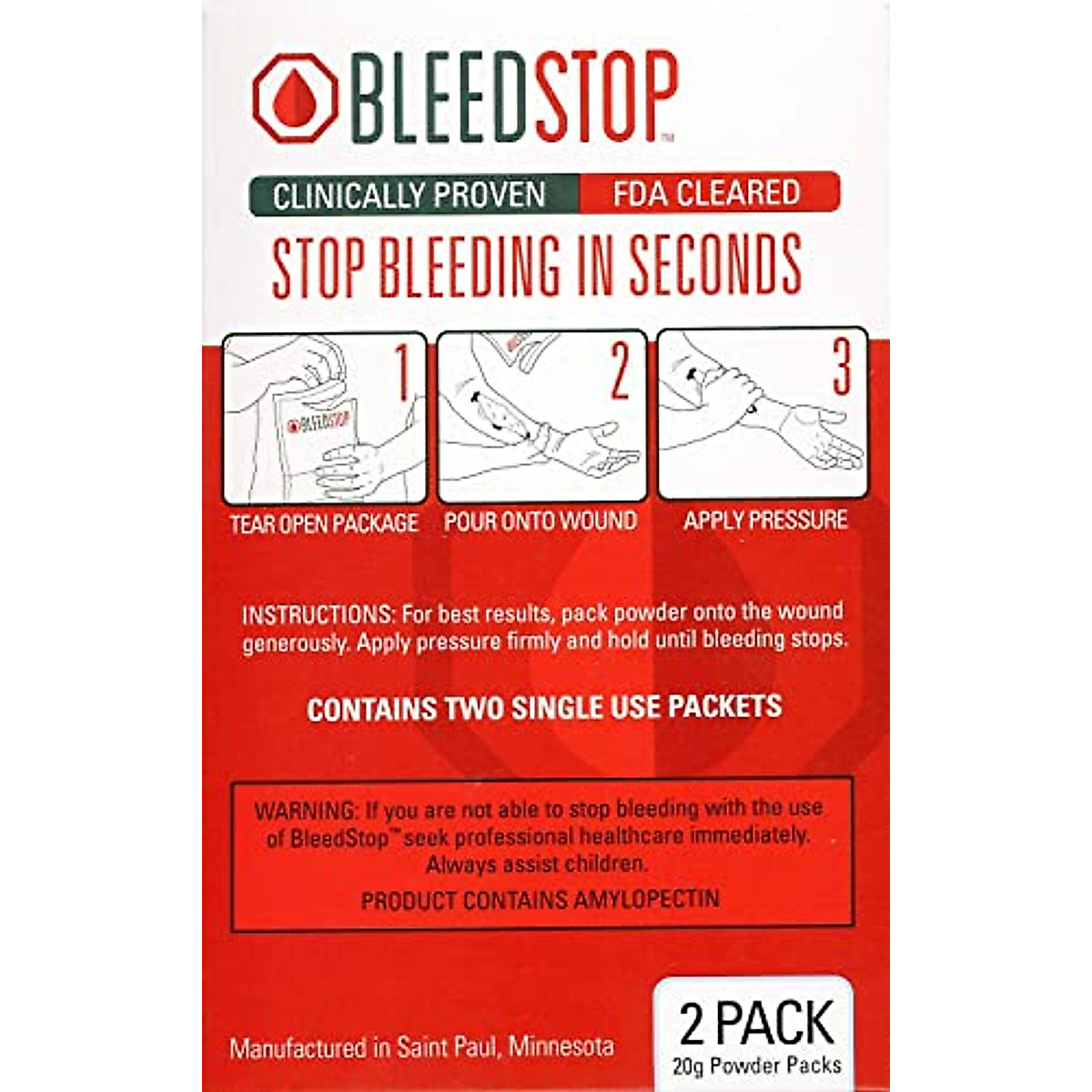 Bleedstop Stop Bleeding in Seconds Emergency First Aid for Home Kids and Family (2) 20g Powder Packets (1)
