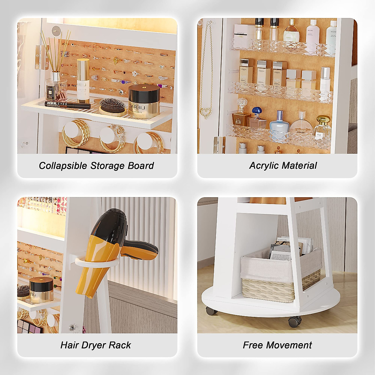 HNEBC 360° Swivel Jewelry Armoire with Mirror, LED Mirror Jewelry Cabinet Standing, Full Length Mirror with Jewelry Storage, Standing Jewelry Organizer/Lockable Wheels/Foldable Makeup Shelf (White)