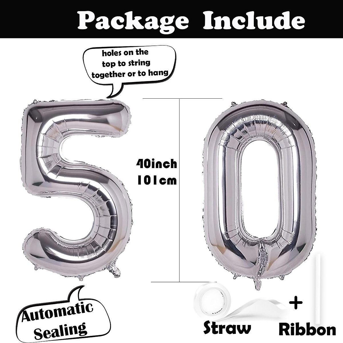 WEIKA 40 Inch Number 50 Balloons, Silver Giant Jumbo Helium Number 50 Foil Balloons for 50th Birthday Party Anniversary Events Man Woman Decorations Supplies