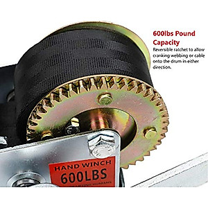 VOWAGH 600lbs 26FT 2" Hand Winch Hand Crank Strap Gear Winch Fit for ATV Boat Trailer Heavy Duty