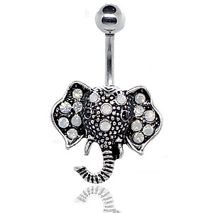 Pierce2GO Silver 14G Elephant Belly Button Ring with White Faux Opal Stone Body Piercing Jewelry Women Navel Ring 316L Surgical Steel Barbell 7/16"