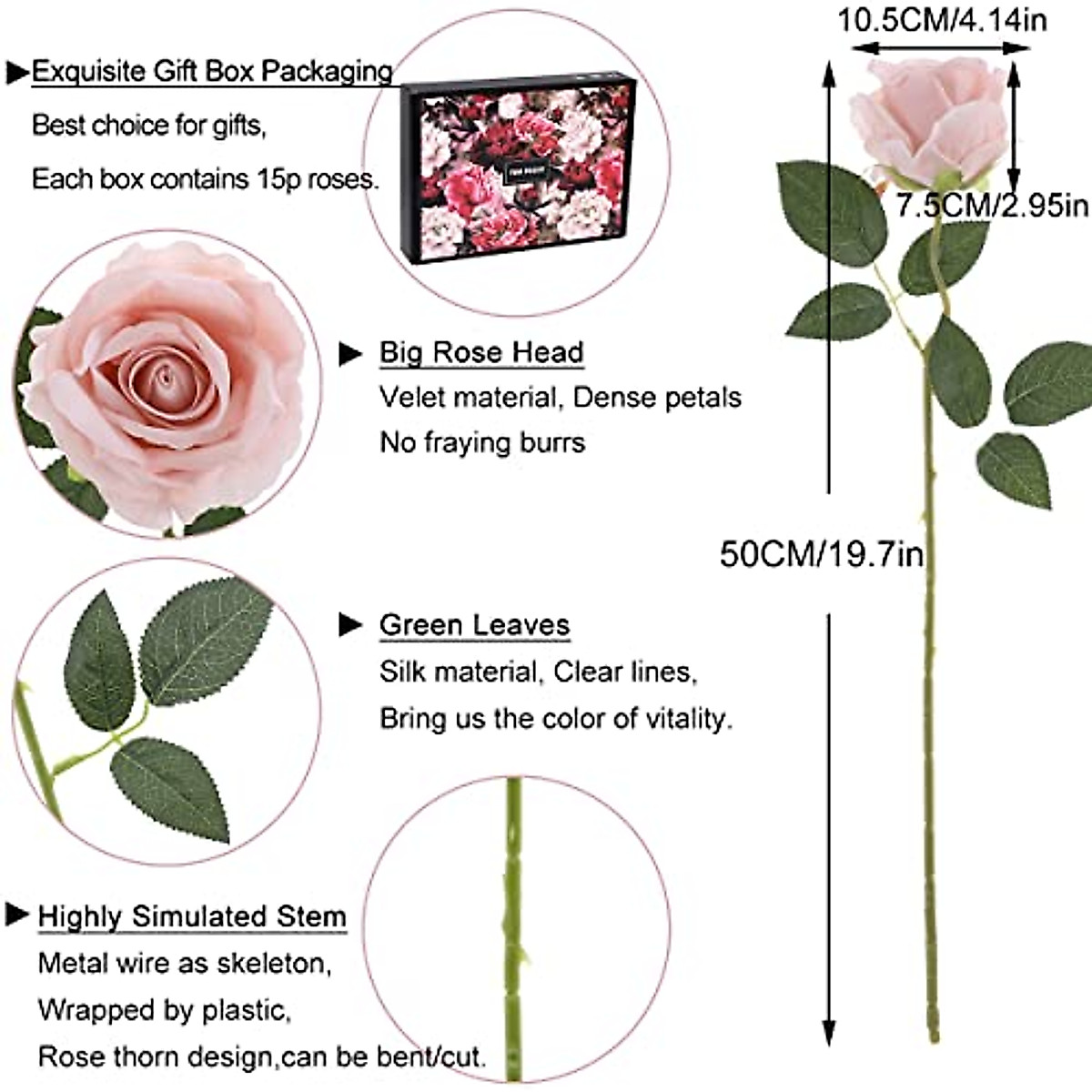 Cloudecor 15Pcs Artificial Roses Velet Real Touch Single Stem Fake Roses Silk Realistic Bouquet Flowers Arrangements Home Office Garden Grave Party Wedding Decoration(Light Pink-15p, Blossom Roses)