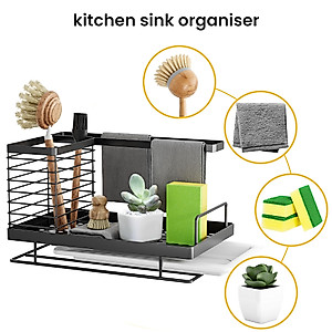 ODesign Large Kitchen Sink Caddy Organizer Sponge Soap Brush Holder with Drain Pan Tray Stainless Steel - Black