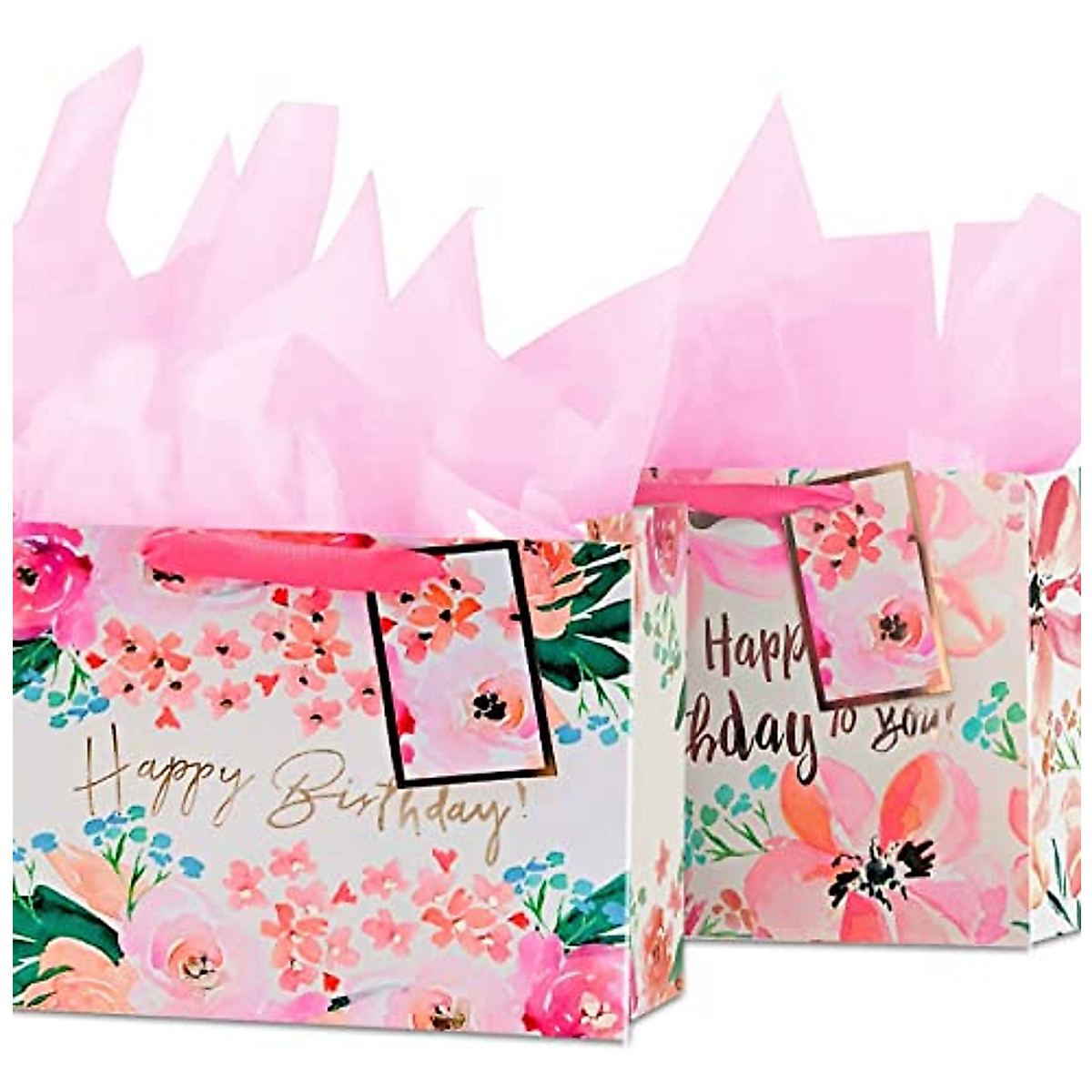 YE GIVING Happy Birthday Gift Bags With Tissue 9"x4"x7" 4 Pack. 2 Designs. Includes Tissue Paper And Tags.